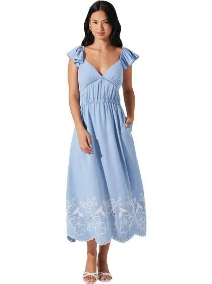 Astr The Label Odeletta Embroidered Floral Trim Midi Dress - Blue