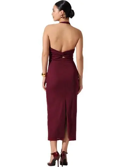 Astr The Label Zaira Ruched Halter Midi Dress - Wine