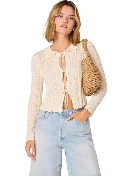 Astr The Label Fannie Cable-knit Cardigan With Crochet Trim And Tie Closures - Cream