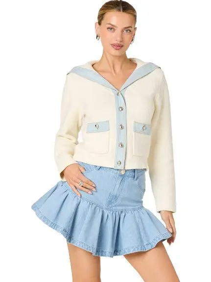 Astr The Label Briley Terry Knit Cardigan With Denim Trim - Ivory