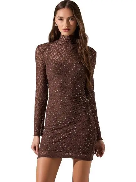 Astr The Label Rhinestone Lace Mini Dress - Brown