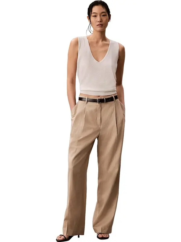 Calvin Klein Linen Blend Tailored Wide Leg Pants - Brown Incense