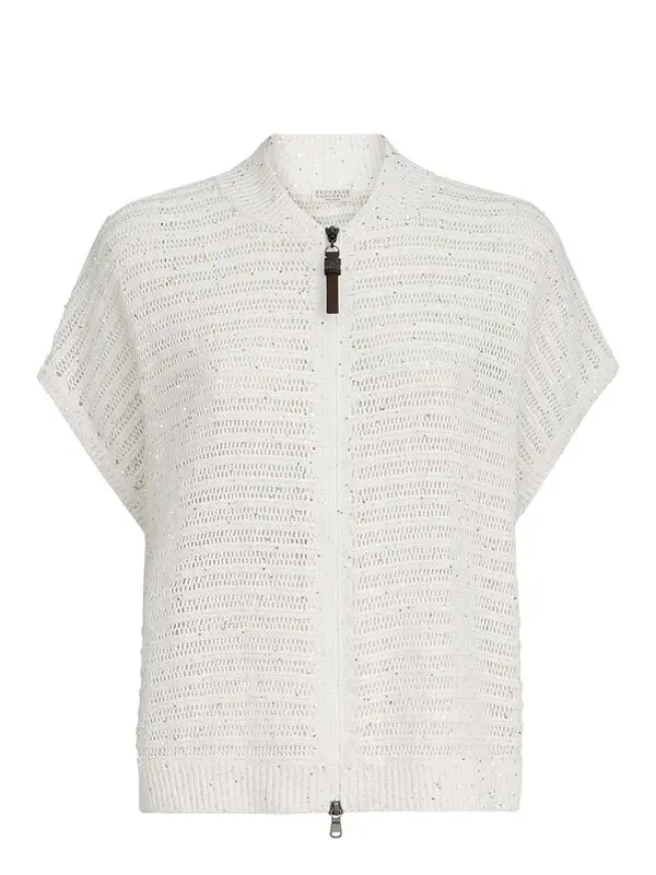 Brunello Cucinelli Linen-blend Sequin Embellished Cardigan Vest - White