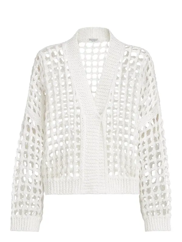 Brunello Cucinelli Jute-cotton Blend Open Knit Cardigan - White