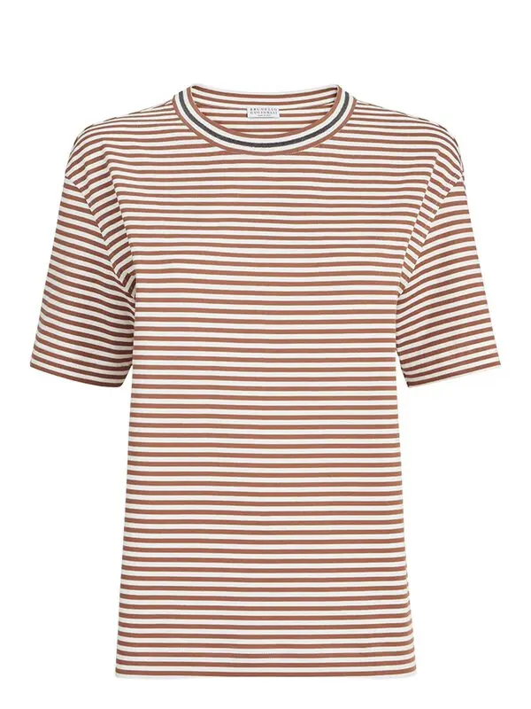 Brunello Cucinelli Striped Cotton Jersey T-shirt With Monili Trim - Brown