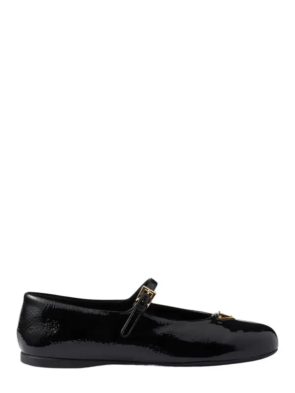 Prada Patent Leather Ballet Flats With Buckle Strap - Black