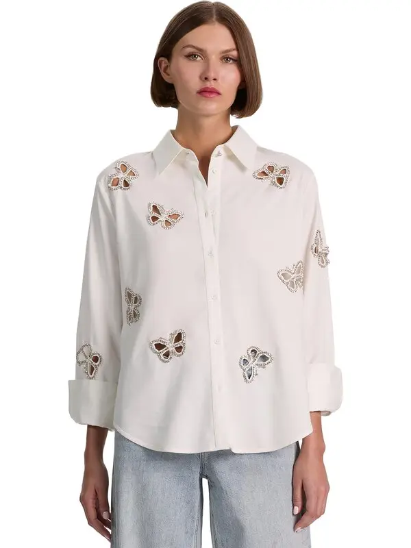 Alice + Olivia Finely Embellished Cutout Button-down Shirt - Off White/silver Crystal