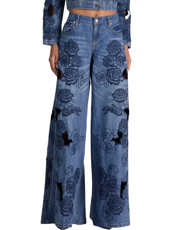 Alice + Olivia Sidney Laser-cut Floral Embroidered Wide Leg Jeans - Brooklyn Blue