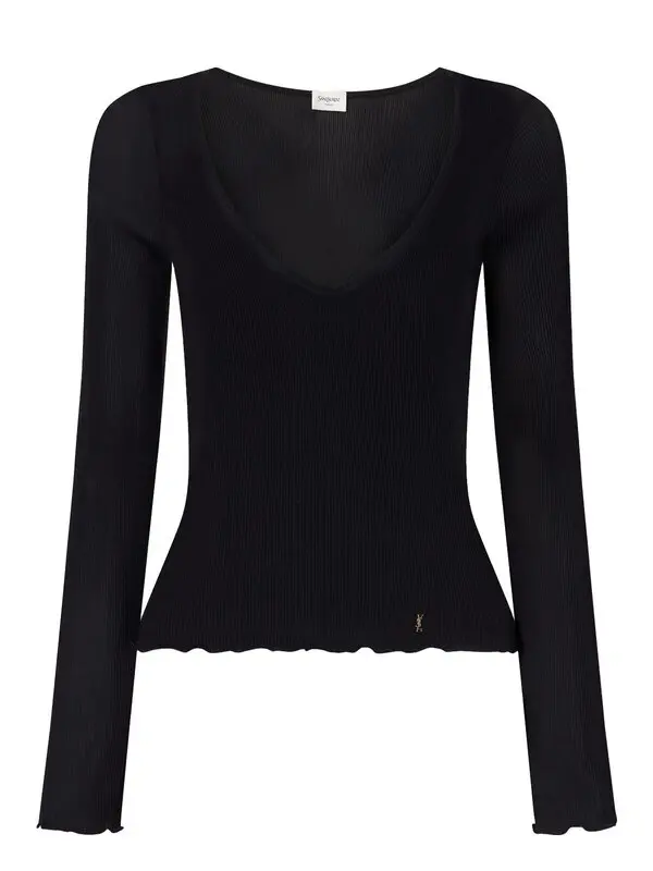 Saint Laurent Guipure Lace-trimmed Ribbed Silk T-shirt - Black