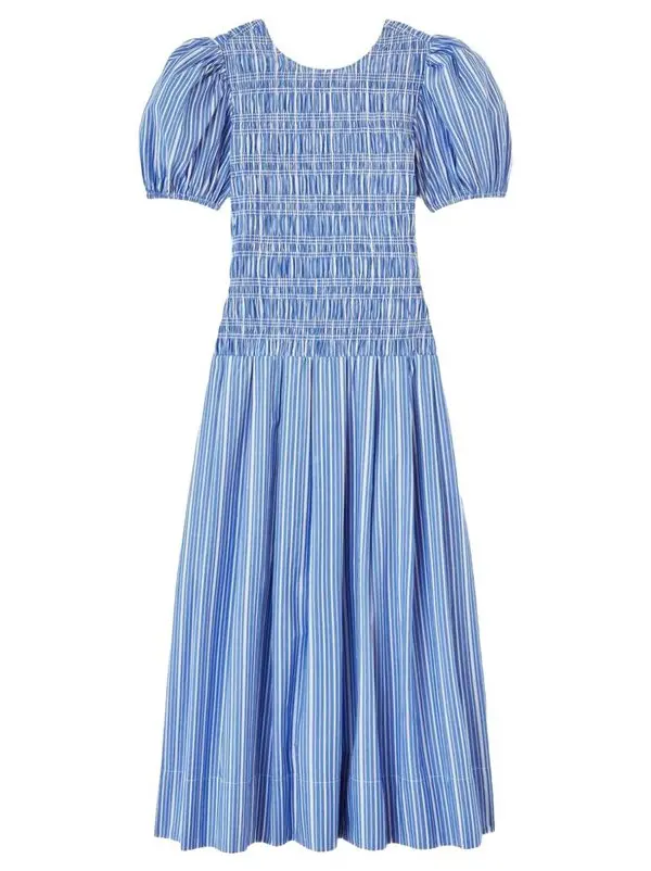 GANNI Organic Cotton Midi Dress With Puff Sleeves And Shirring - Multicolor