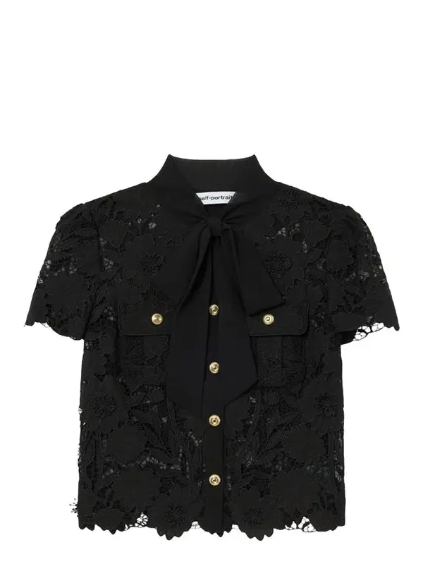 SELF-PORTRAIT Black Lace Tie Neck Top - Multicolor
