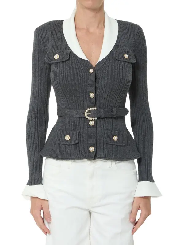 SELF-PORTRAIT Belted Ribbed Cardigan - Multicolor