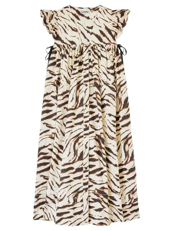 GANNI Tiger Print V-neck Midi Dress With Ruffled Cap Sleeves - Multicolor