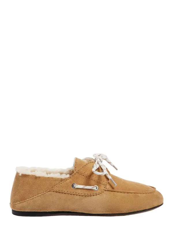 Sandro Shearling Lined Suede Boat Shoes - Camel