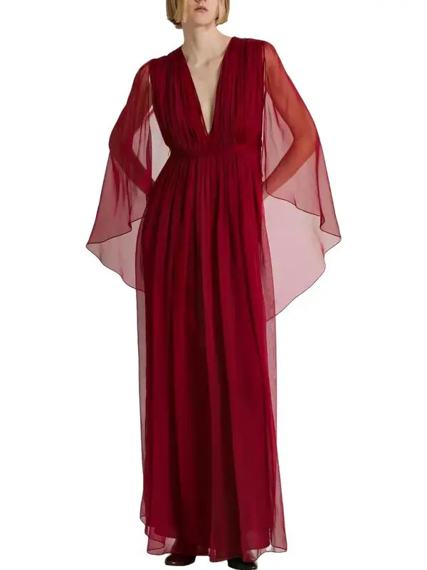 Alberta Ferretti Silk V-neck Cape Dress - Red