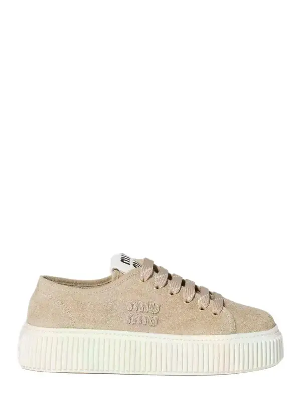Miu Miu Suede Sneakers With Embroidered Logo And Flatform Sole - Neutrals