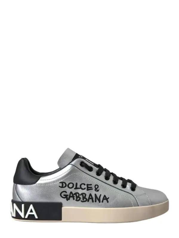Dolce & Gabbana Portofino Logo-print Metallic Leather Sneakers - Silver