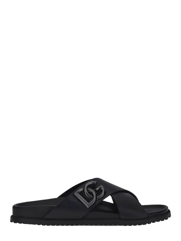 Dolce & Gabbana Leather Criss-cross Strap Flat Sandals - Black
