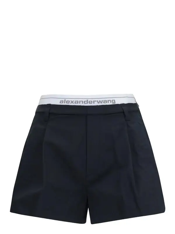 Alexander Wang Pleated Cotton Shorts With Logo Waistband - Black