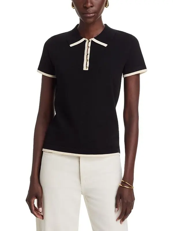T Tahari Short Sleeve Tipped Polo Sweater - Black/ Cream