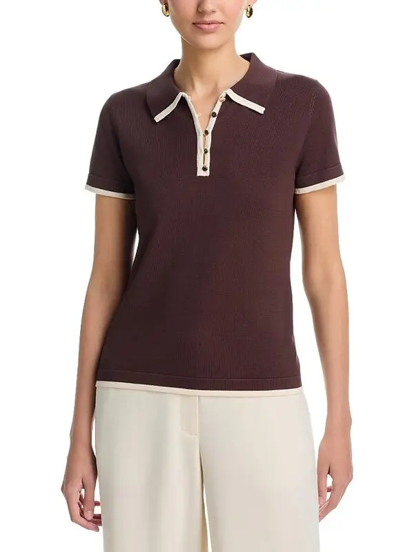 T Tahari Short Sleeve Polo Sweater With Contrast Trim - Cocoa Bean