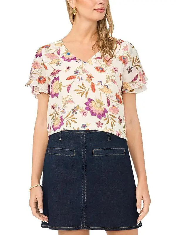 Vince Camuto Floral Print V-neck Blouse - New Ivory