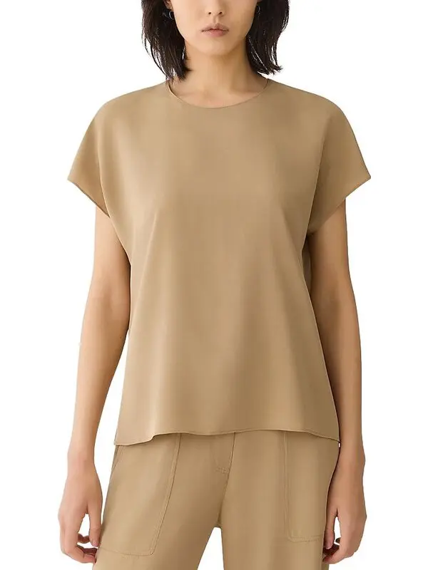 Lafayette 148 New York Silk Blend Short Sleeve Top - Cadet Khaki Melange