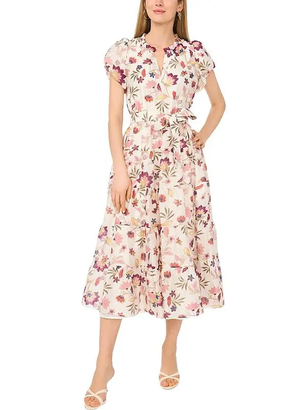 Vince Camuto Puff Sleeve Floral Midi Dress - New Ivory