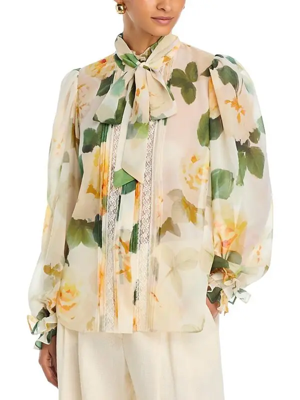 UNGARO Odessa Floral Blouse With Pussy Bow And Lace Trim - Ecru Multi