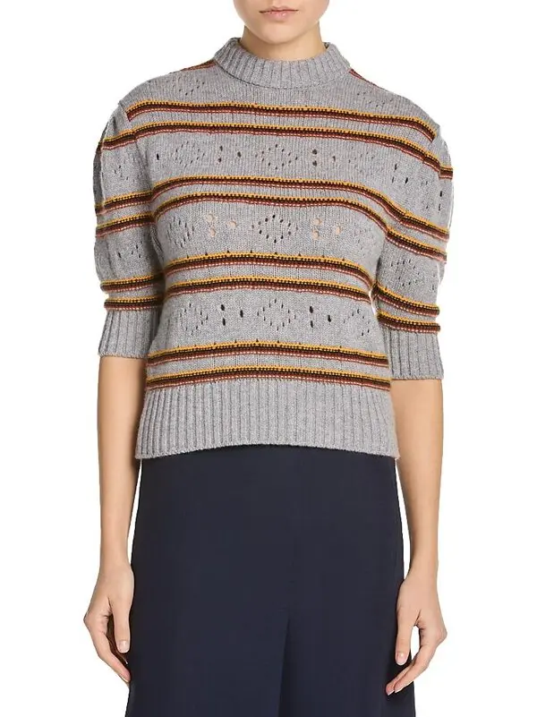 Marni Striped Perforated Cashmere Short Sleeve Sweater - Inox