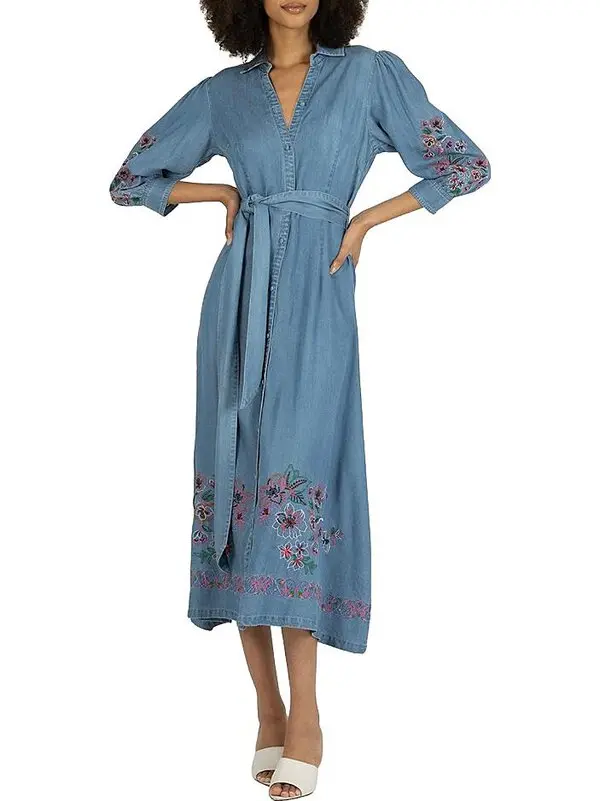 SUPER NATURAL BY SECRET MISSION Denim Dress With Floral Embroidery - Light Blue Wash Denim