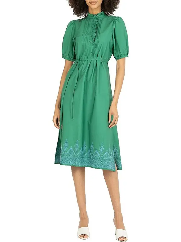 SUPER NATURAL BY SECRET MISSION Valerie Dress High Neck, Puff Sleeve, Belted Midi - Pine Green