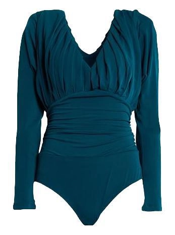 BABYLON Long Sleeve V-neck Bodysuit With Pleated Detail - Deep Teal