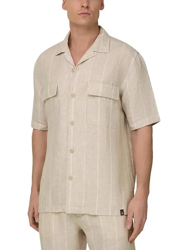 Boggi Milano Camp Collar Stripe Linen Pocket Shirt - Sand