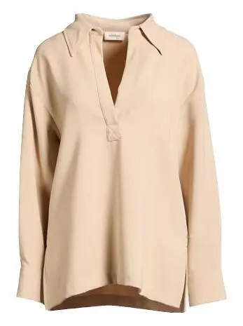 OTTOD'AME Long Sleeve Collared Top In Crepe - Beige