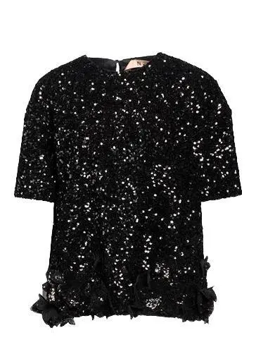 N°21 Sequin Tulle Top With Floral Appliqués - Black