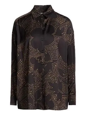OTTOD'AME Satin Floral Print Long Sleeve Shirt - Black
