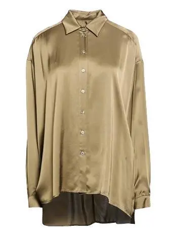 OTTOD'AME Satin Solid Color Classic Collar Long Sleeve Shirt - Green