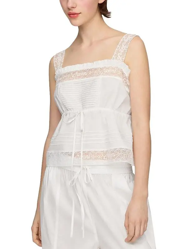 GANNI Lace Trim Cotton Top - Bright White