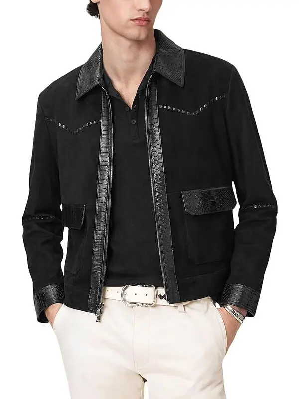 John Varvatos Suede Jacket With Embossed Trims - Black