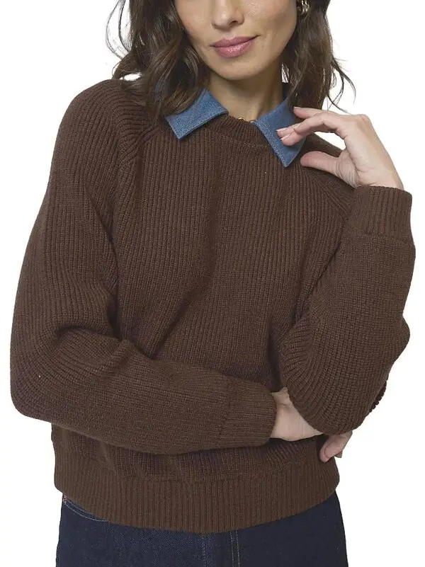 Central Park West Denim Collar Pullover Sweater - Brown-blue