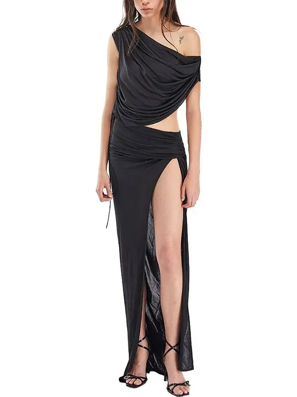 MOTHER OF ALL Mina Maxi Dress With Draped Bodice And High Slit - Black