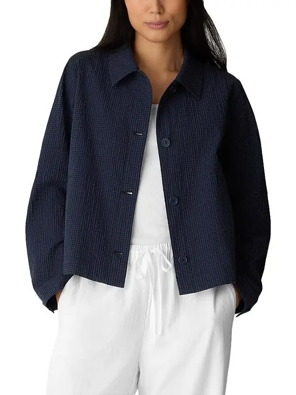 Eileen Fisher Cotton Pucker Check Classic Collar Jacket - Deep Dive