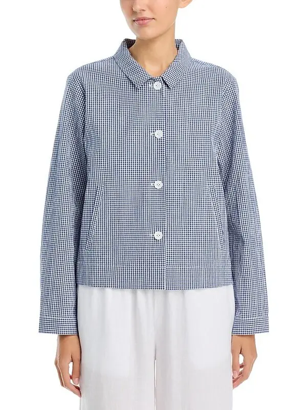 Eileen Fisher Cotton Pucker Check Classic Collar Jacket - Light Dive