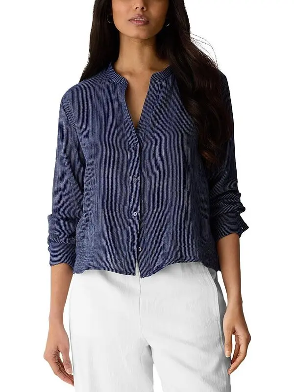 Eileen Fisher Striped Cotton Gauze Mandarin Collar Shirt - Deep Dive