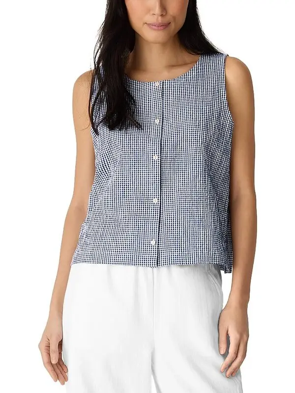 Eileen Fisher Sleeveless Pucker Check Shirt - Light Dive