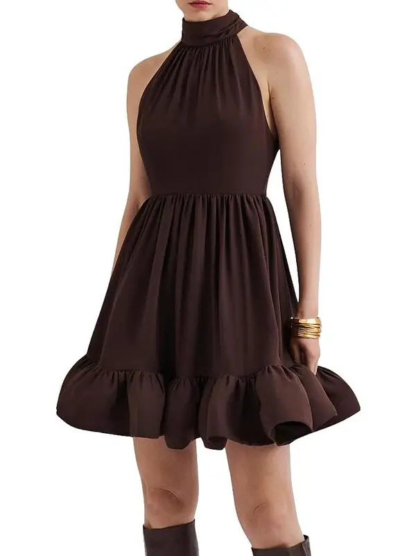 MALINA Halterneck Ruffled Mini Dress - Chocolate