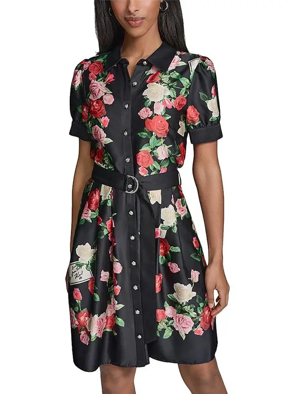 Karl Lagerfeld Paris Floral Print Belted Shirt Dress - Blck Multi