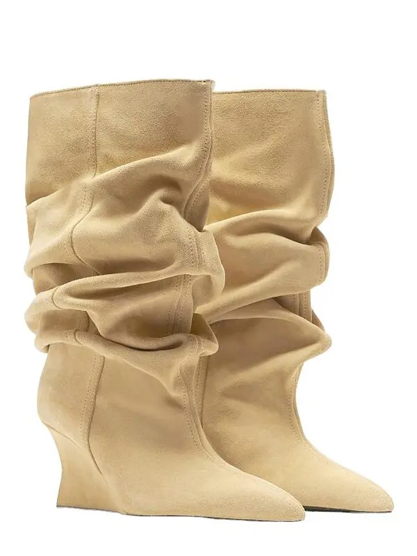 Balmain Draped Suede Wedge Ankle Boots - Beige