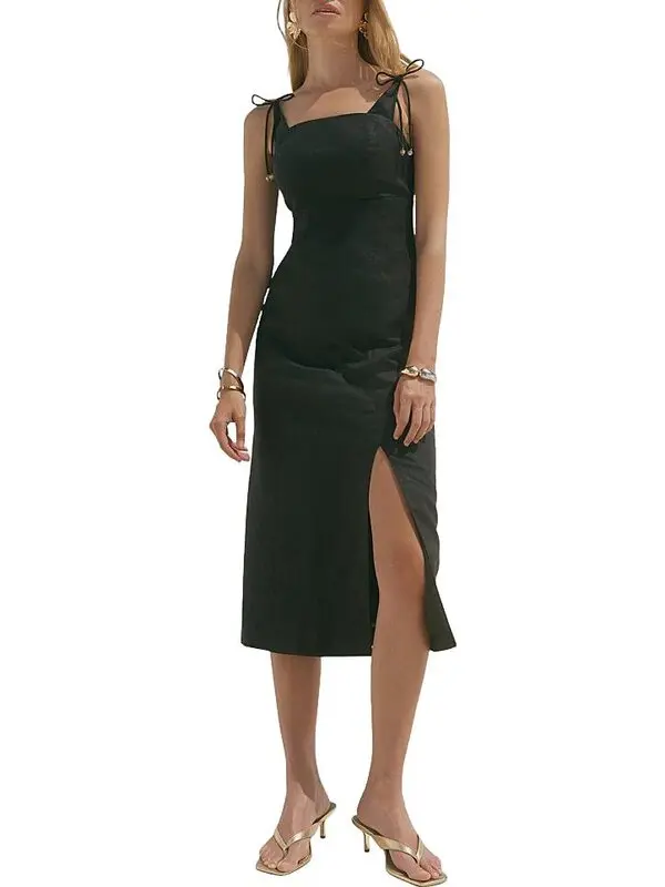Mint Velvet Linen Bow Detail Midi Dress - Black